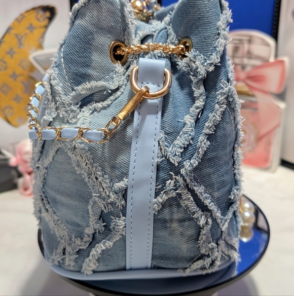 Bags | Boho Chic Raw Edge Denim Drawstring Bucket Bag With Gold Chain ...